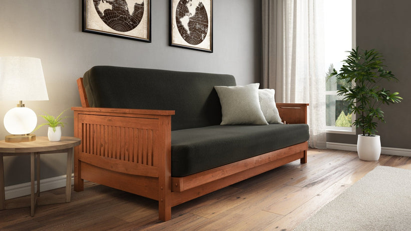 Tiro Warm Cherry Queen Wall Hugger Futon Frame – Futons 4 Less